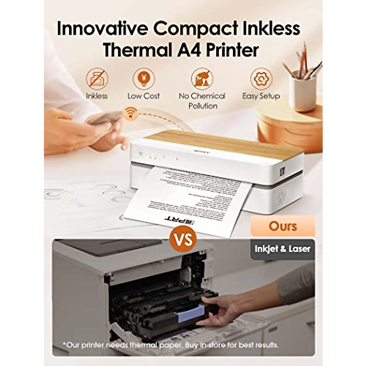 iDPRT A4 Thermal Printer, Future800 Inkless Printer, 300dpi Resolution 4ips Fast A4 Paper Printer with Auto Cutting, 100 Sheets Capacity, Compact Design, Support WiFi App Wireless or USB Connection