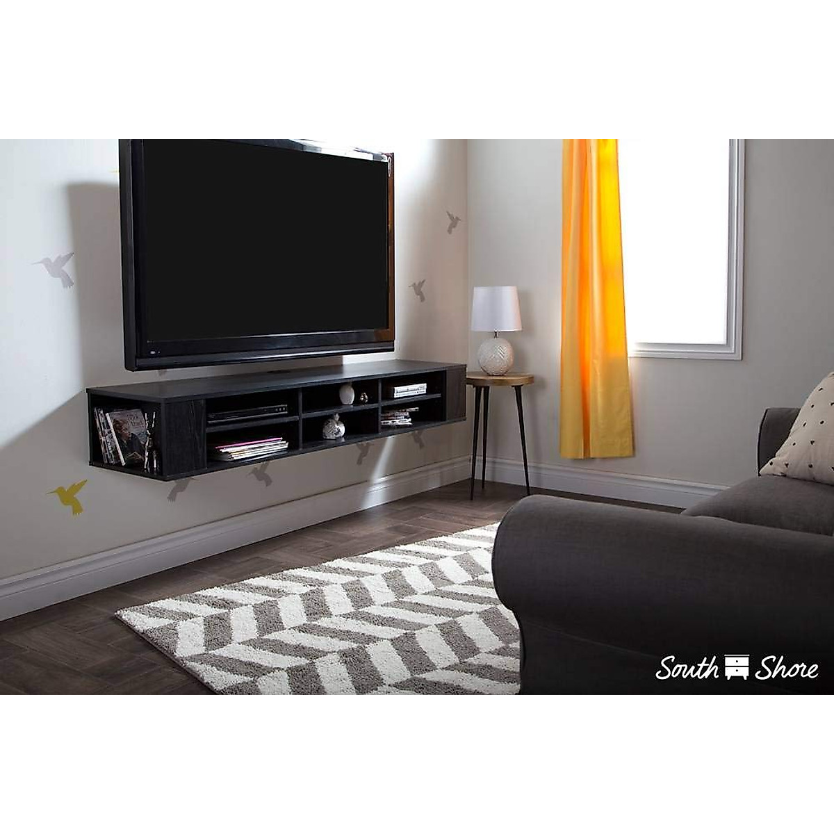 City Life Wall Mounted Media Console - 66” Wide - Extra Storage - Black Oak - By South Shore