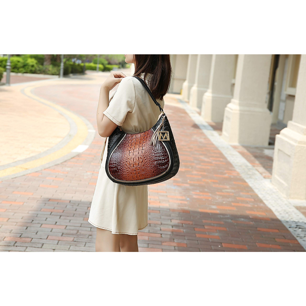 MKF Hobo Bag for Womens Fashion – PU Leather Shoulder Purse Tassel, M Charm – Top Handle Multi-pocket Handbag Pink