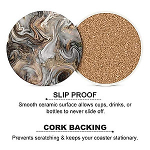 Deco4URLife Set of 4 Absorbent Round Coasters for Drinks 4 inch - Ceramic Stone Cup Mat Water Absorb Spill Coaster with Non-Slip Cork Backing for Mugs and Cups - Sand Brown Dust Light Grey Marble