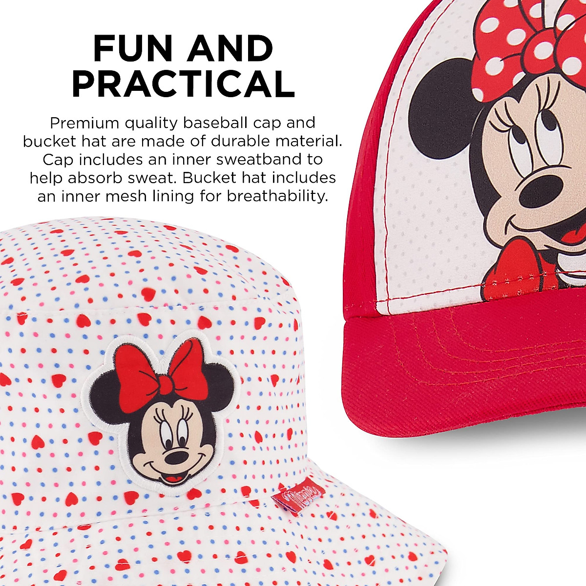Disney Toddler Sunhat, Minnie Mouse Kids Bucket Matching Girls Baseball Cap for Beach, Size 2-4, Bucket & Baseball Hat, 2-4T Red and White