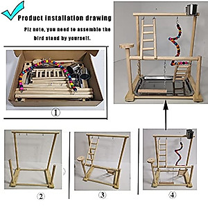 Parrots Playground, Bird Play Gym Wood Perch Stand Colours Revolving Climb Ladders Swing Chewing Toys with Parakeet Feeding Cups Exercise Activity Center for Conure Cockatiel Lovebirds(Include a Tray)