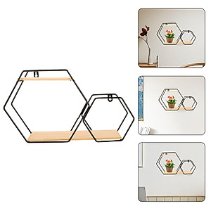 Uonlytech Hexagonal Storage Rack Metal Wall Shelf Wood Wall Shelves Hexagon Shelves for Wall Floating Shelves for Plants Metal Shelf Metal Floating Shelf Wall Shelves Wood Wall Shelving