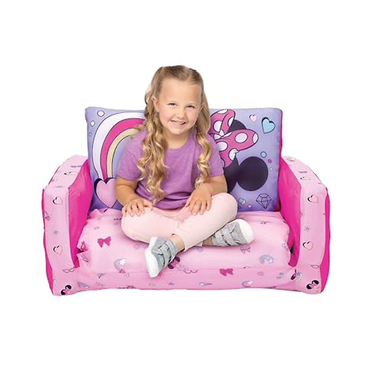 Minnie Mouse Kids Sofa Bed, Children 2-in-1 Flip Open Inflatable Comfy Couch to Lounger, Toddler Nap Mat, Over 4ft Long