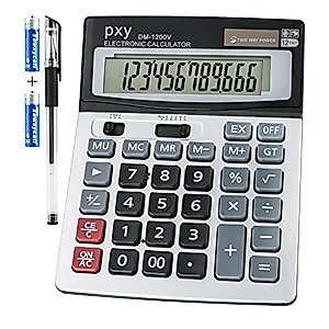 Desk Calculator 12 Digit Extra Large LCD Display, Touch Comfortable with Big Buttons, PXY Two Way Power Battery and Solar Standard Function Office Calculators
