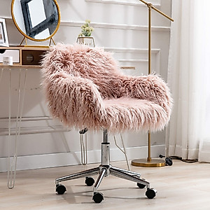 HomVent Fluffy Desk Chair Pink Faux Fur Vanity Chair Adjustable Swivel Computer Chair on Wheels Height Adjustable Cute Desk Chair for Makeup Room Teen Girls Bedroom Home Office (Pink)