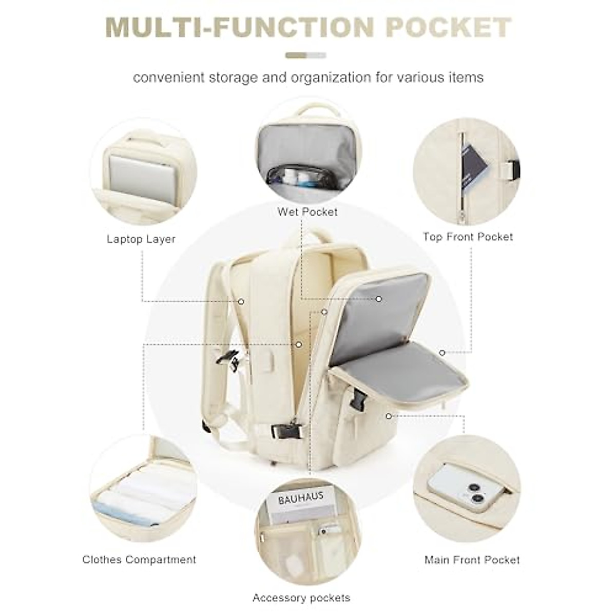 livbote Travel Backpack for Women, Large Carry on Backpack Flight Approved with Shoe Compartment & USB Charging Port, Waterproof Casual Daypack Work Business Backpacks Mochila de viaje, Beige