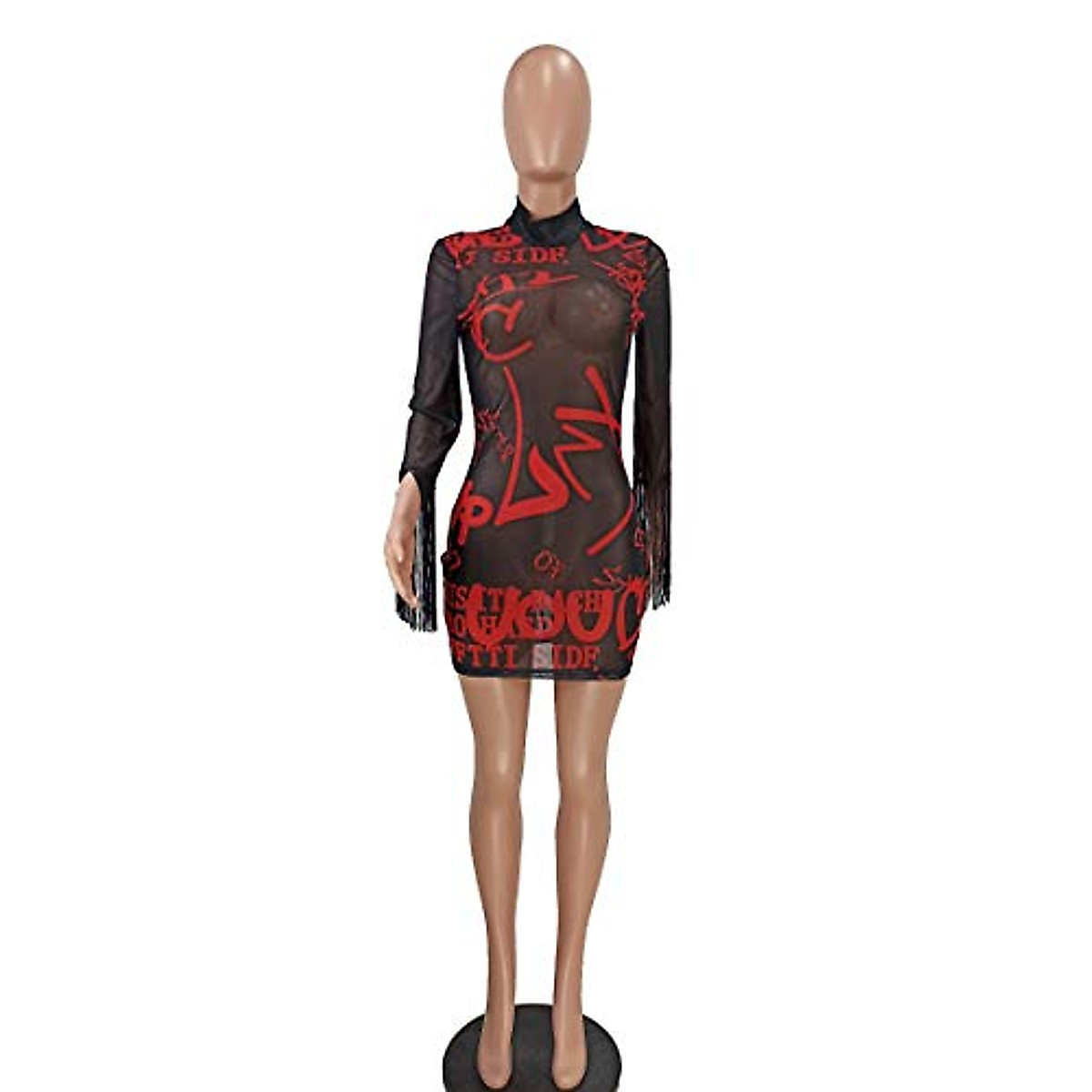 Uni Clau Women Sexy Mini Mesh Sheer See Through Dresses Tassel Long Sleeve Letter Print Bodycon Party Dress Red XL