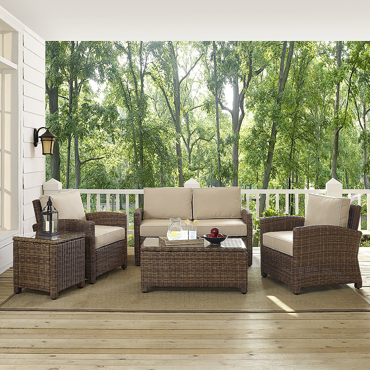 Crosley Furniture Bradenton 5-Piece Outdoor Loveseat Patio Furniture Set, Wicker Conversation Sets for Porch, Brown with Sand Cushions