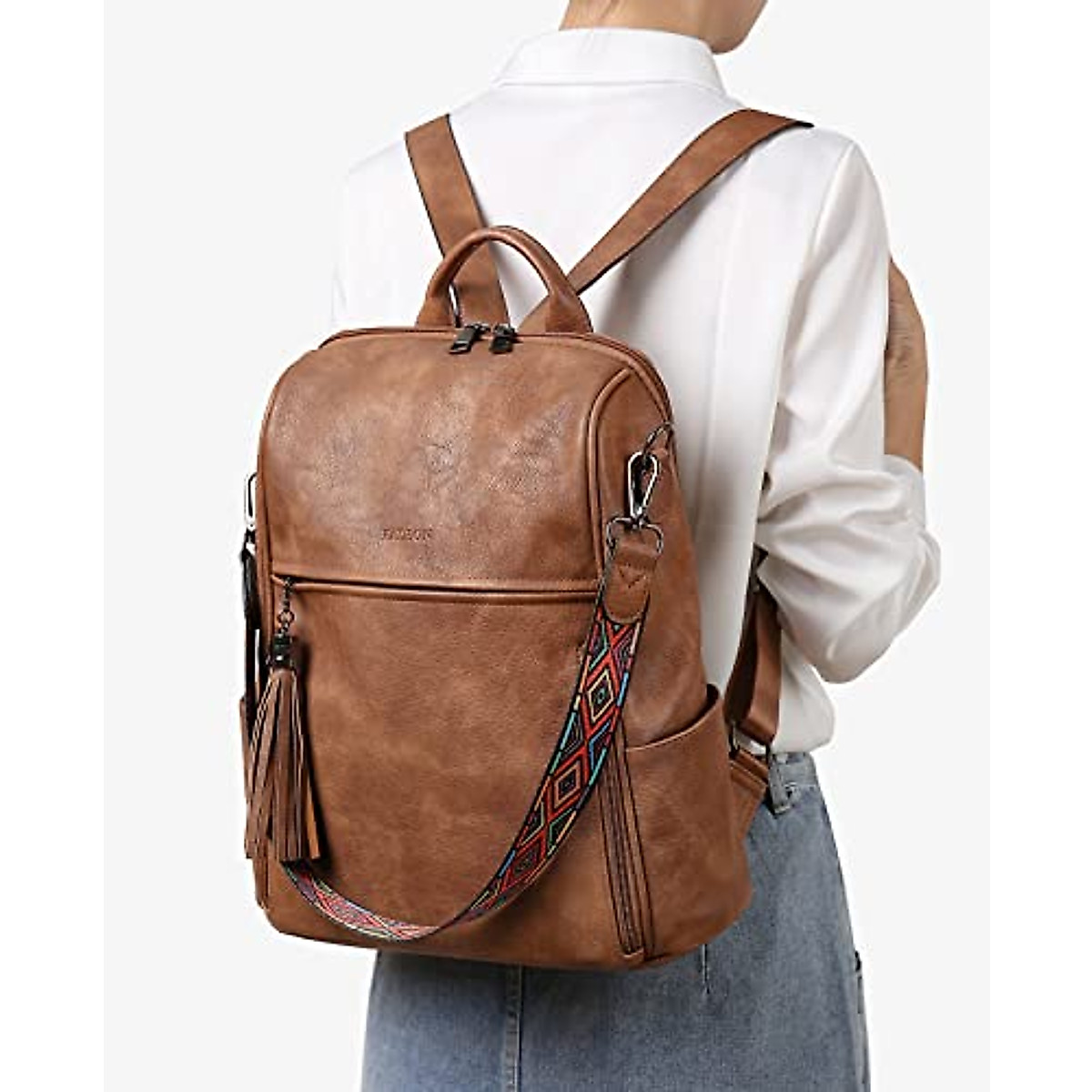 FADEON Leather Backpack Purse for Women Designer Travel Backpack Purses PU Fashion Ladies Shoulder Bag with Tassel Brown
