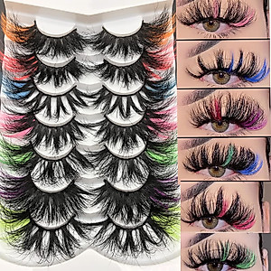 Mikiwi 25mm Colored Mink Lashes Pack, 7 Pairs Mix Color Drametic Long 25mm Real Mink Eyelashes With Color on end, Fluffy Mink Colored Eyelashes, Colorful Lashes With Orange/Red/Pink/Blue/Green/Purple