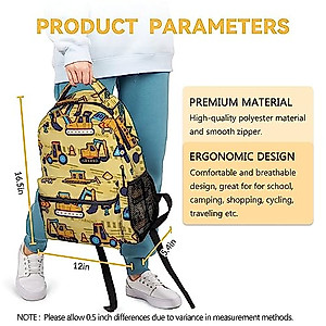 KNOWPHST Construction Backpacks for Boys, 16 Inch Cartoon Truck Backpack for School, Yellow, Large Capacity, Durable, Lightweight Bookbag for Kids Travel