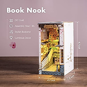 ROBOTIME DIY Book Nook Kit Decorative Bookend Insert Bookcase Book Stand Miniature House Kit with LED Light Creative Gift for Birthdays (Sakura Tram)