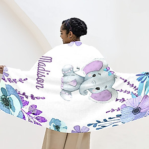 CADE Custom Baby Blanket with Name for Girls Personalized Baby Blanket Purple Floral Blankets Cute Elephant Blankets for Girls Customizable Baby Blanket Newborn Essentials Gifts - 30x40 inch