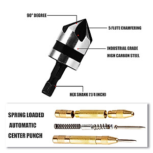 Tomato Palace Countersink Drill Bit Set 3 PCS High Carbon Steel Universal 1/4 inches Hex Shank Countersink Drill Bit Set for Wood + Spring Loaded Automated Center Punch