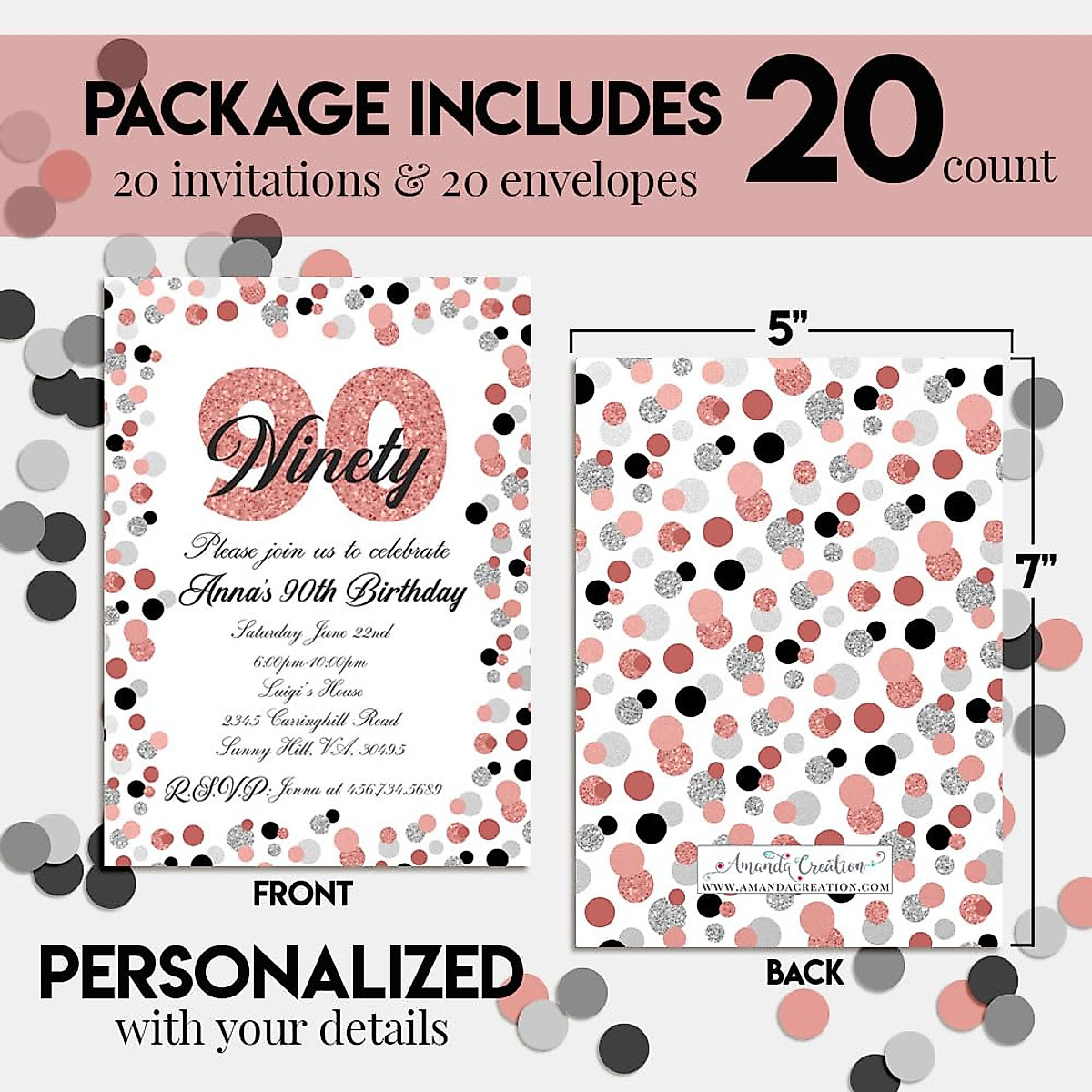 Amanda Creation Confetti Rose Gold Polka Dot 90th Birthday Party Invitations, 20 5x7 Fill-In Cards with Twenty White Envelopes