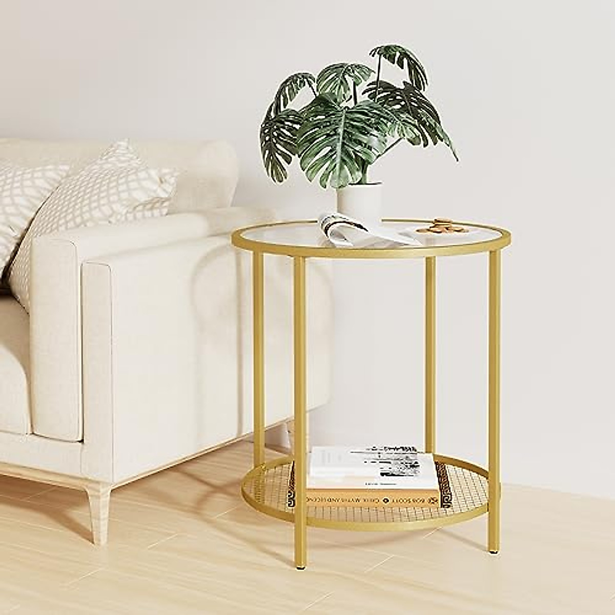 CADANI End Table, Glass Side Table with Open Storage, 2-Tier Gold Accent Table with Sturdy Metal Frame, Modern Round Coffee Table for Living Room, Bedroom, Balcony, Patio