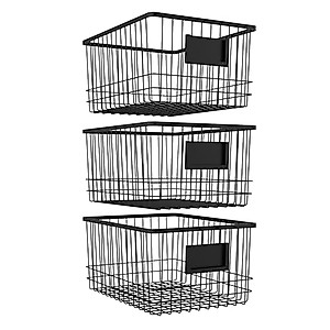 Oceanstar Metal Wire Organizer Bin Basket with Card Holder, Set of 3, Black, WBH1903