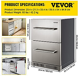 vevor 24" Undercounter Built-in Refrigerator, 5.12 Cu.ft. Double Drawer Indoor/Outdoor Beverage Fridge with Embraco compressor,32-50°F Cooling Range, Ventilated Cooling for Home and Commercial Use