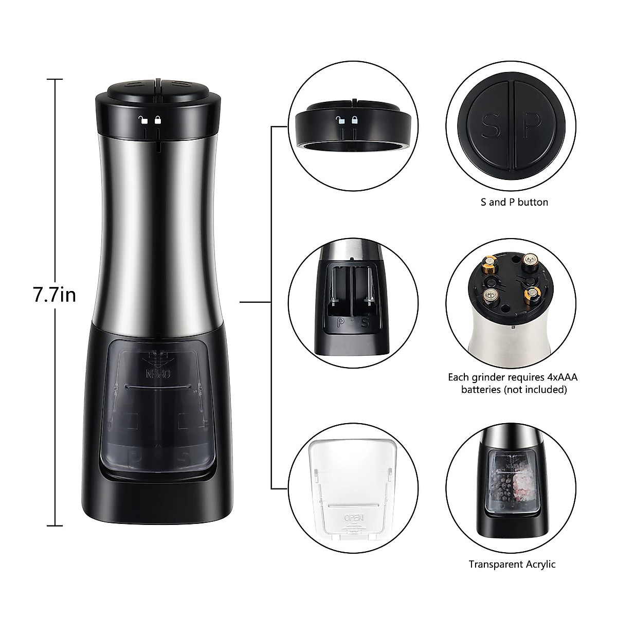 Pepper Grinder, 2 in 1 Salt Mill Grinder Battery-Operated with Adjustable Coarseness, Kitchen Automatic Pepper, Double Slot, One Hand Operated