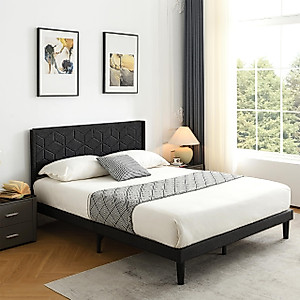 ZFAEUL Queen Size Platform Bed Frame with Fabric Upholstered Headboard and Strong Wooden Slats Support,Mattress Foundation,No Box Spring Needed,Easy Assembly, Black