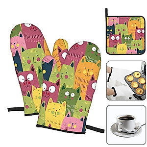 Cute Cat Oven Mitts and Pot Holders Sets of 3 Funny Animal Insulated Kitchen Golves Heat Resistant Potholders for Cooking Baking Grilling BBQ, Cat Gifts for Women
