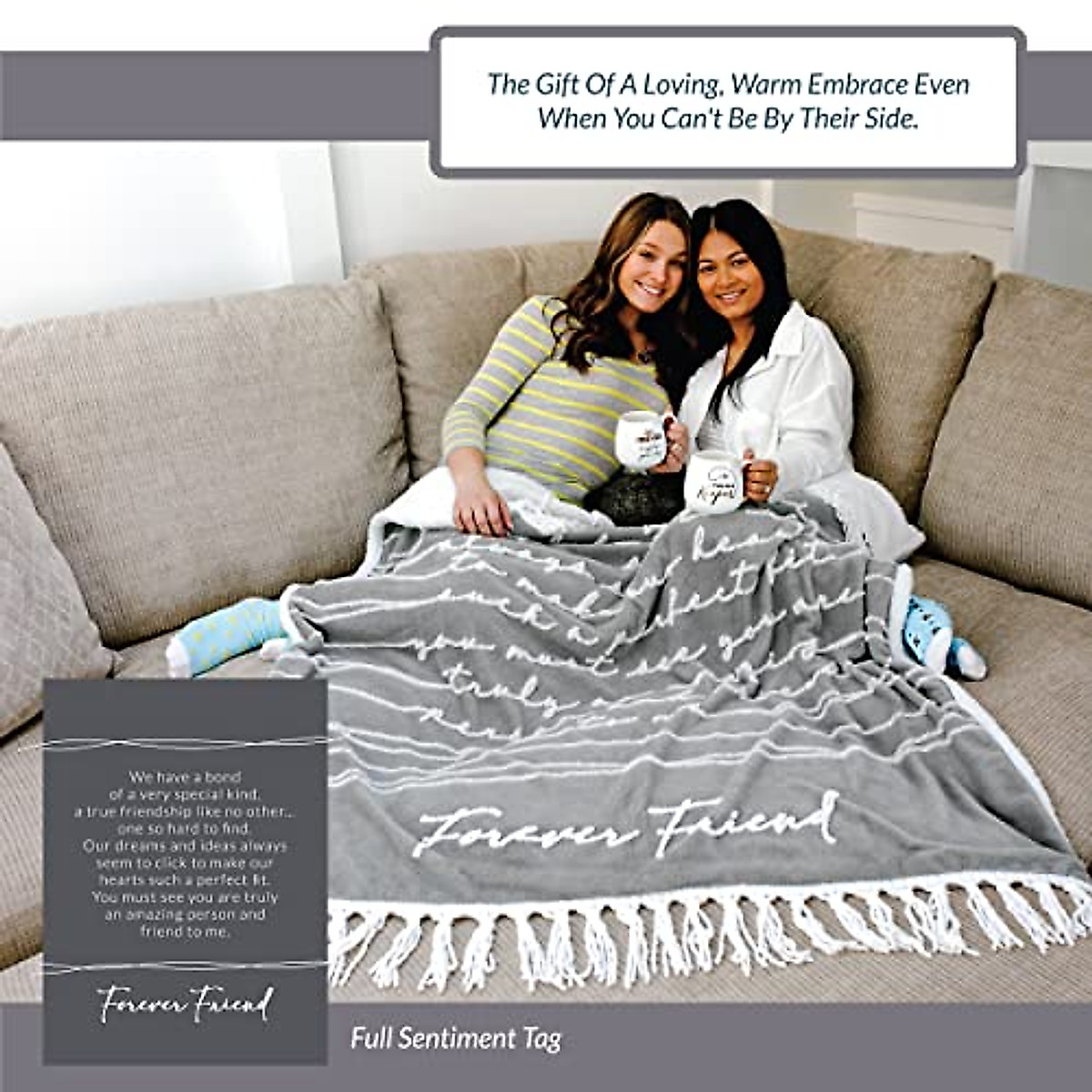 Pavilion - Forever Friend 50" x 60" Luxury Sherpa Tassel Raised Text Throw Blanket Bestie Best Friend Encouragement Housewarming Gift - Threaded Together