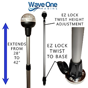 Wave One Marine | Adjustable Telescoping All-Around Anchor Light With Stainless Base | LED Boat Pole Aft Stern Navigation USCG 2NM | 12 Volt DC | 360 Night Nav Waterproof 28"-42"