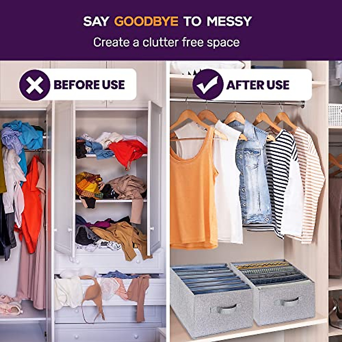 Large Linen Jeans Organizer for Closet with 6 Removable Dividers and 2 Handles for up to 7 Grids - Foldable Wardrobe Clothes Storage Organizer for Folded Clothes: Jeans, Pants, Sweaters (2 Pack)