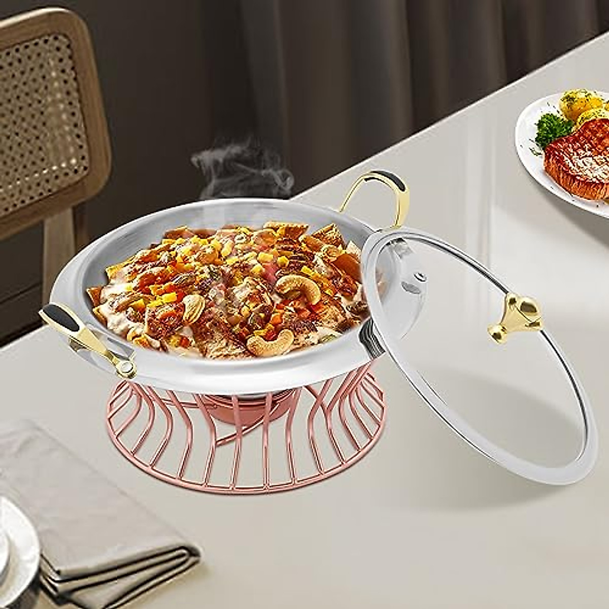 Stainless Steel Round Chafing Dish Buffet Set, 24cm Non-Stick Chafer Buffet Catering Chafers for Parties, Graduation, Events(Red Copper, 24cm Type2)