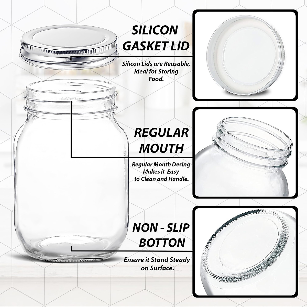 Glass Regular Mouth Mason Jars, 16 oz Clear Glass Jars with Silver Metal Lids for Sealing, Canning Jars for Food Storage, Overnight Oats, Dry Food, Snacks, Candies, DIY Projects (4 PACK)