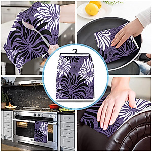 Big buy store Flowers Chrysanthemum Kitchen Dish Towels, Soft Lightweight Microfiber Absorbent Hand Towel Retro Black White Purple Tea Towel for Kitchen Bathroom 18x28in