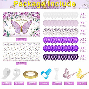 Purple Happy Birthday Party Decorations Butterfly Set for Women Girls Men Boys, Backdrop, Banner, Purple Balloon, Tablecloth for 2th 8th 13th 16th 18th 21th 25th 30th 40th 50th 60th 70t Party Supplies