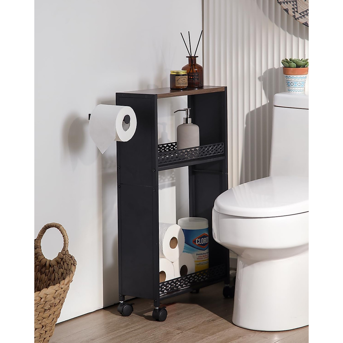 OhuaCason Toilet Paper Holder Stand for Small Bathroom Storage:Skinny Bathroom Storage Cabinet for Small Spaces Tiny Apartment