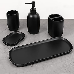 Bathroom Accessories Set, FoverOne 5-Piece Resin Vanity Counter Accessories Set Complete with Toothbrush & Toothpaste Holder, Tumbler, Vanity Tray, Lotion Dispenser, and Soap Dish - Matte Black