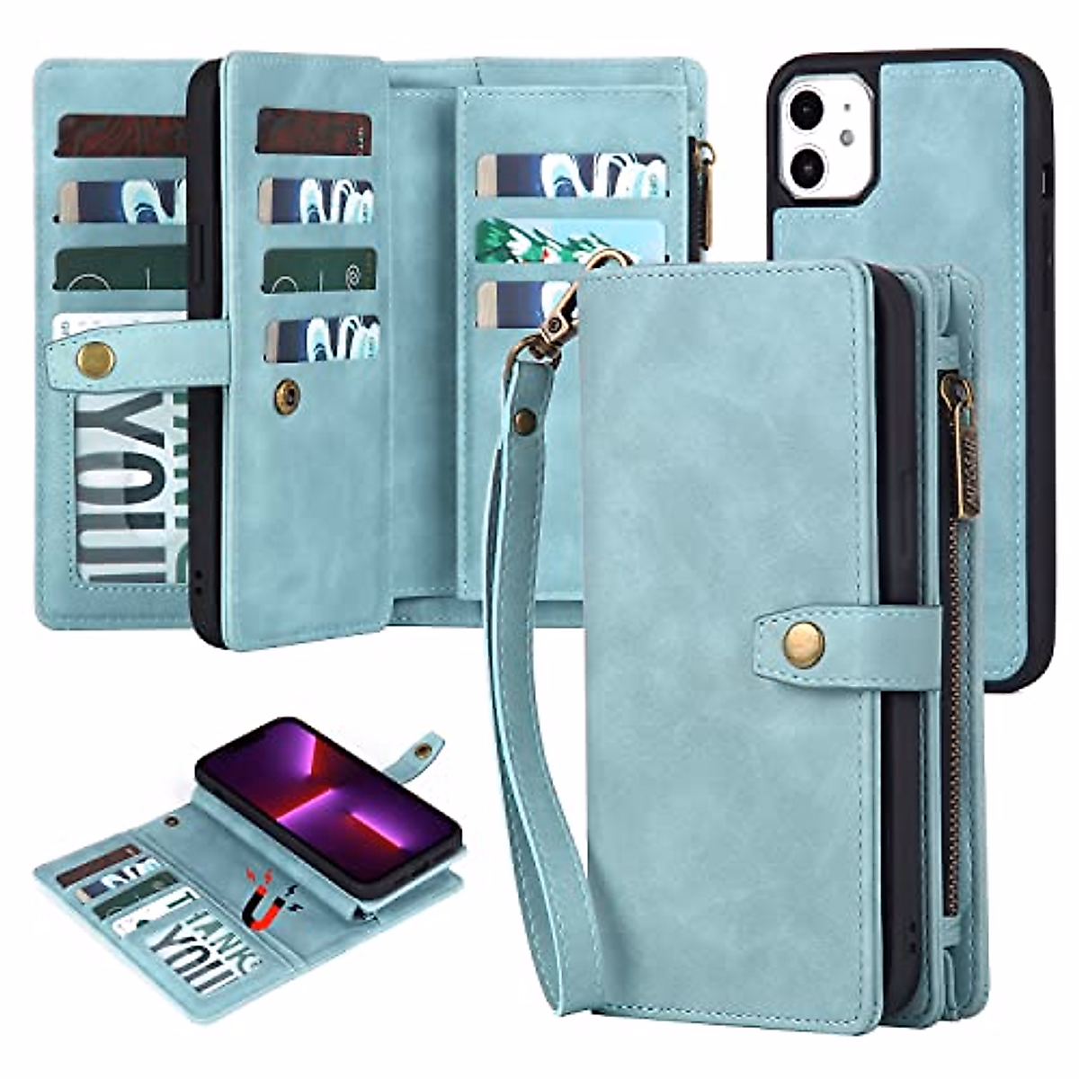 TwoHead for iPhone 11 Wallet case with Card Holder & Detachable Magnetic iPhone 11 case, PU Leather iPhone 11 case Wallet for Women/Men,Wallet Phone Case with Wrist Strap & Money Pocket(Blue)