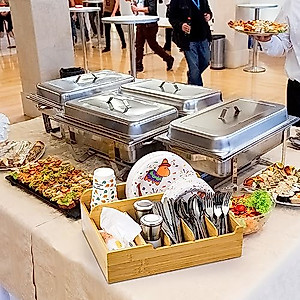 Frcctre Bamboo Utensil Caddy Organizer for Countertop, 8 Compartment Paper Plate Holder, Adjustable Utensil Holder Silverware Organizer Cutlery Organizer Box for Plate, Cup, Fork, Spoon, Napkin