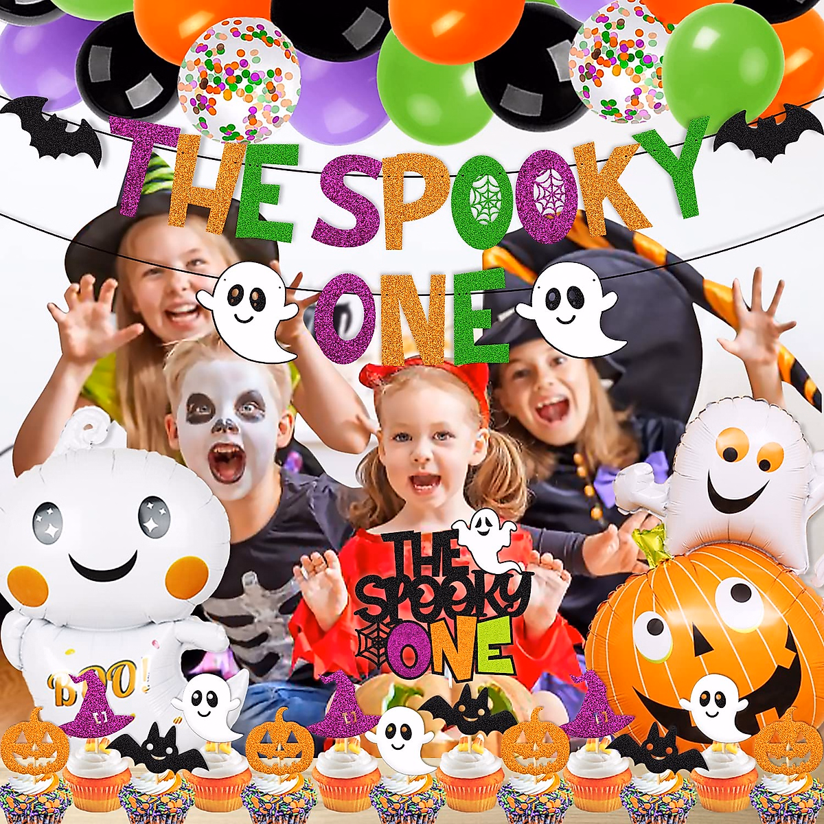 58 PCS Halloween 1st Birthday Decorations The Spooky One Party Decorations Happy Bday Banner Cake Topper Ghost Spider Web Haunted House Themed for Kids Boy Girl One Year Old First Bday Party Supplies