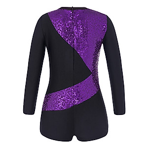 Kvysinly Girl's One Piece Sparkle Long Sleeve Gymnastics Leotards with Shorts Unitard Jumpsuit Biketard Dancewear Purple 6 Years