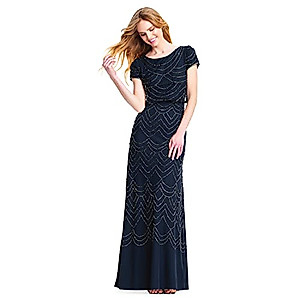Adrianna Papell Women's Short Sleeve Blouson Beaded Gown, Navy, 8