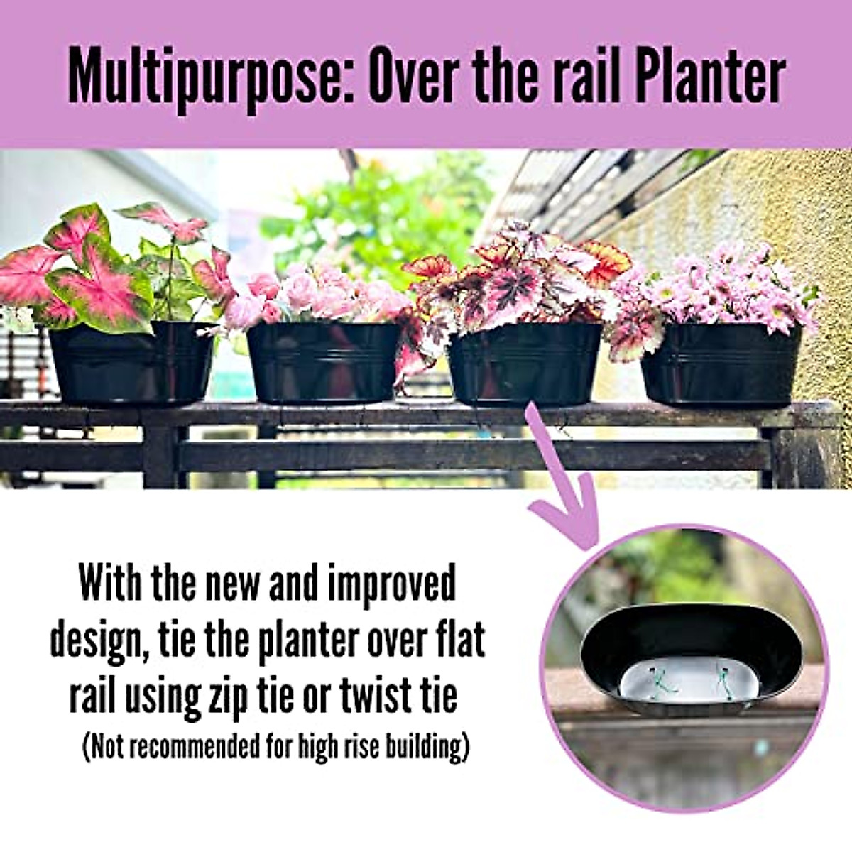 LaLaGreen Outdoor Rail Planter - 6 Pack, 11.2 Inch Black Metal Iron Hanging Flower Pots Deck Railings Fence Buckets Modern Countryside Boho Style Wall Mount Window Box Plant Holder Hooks Porch Decor