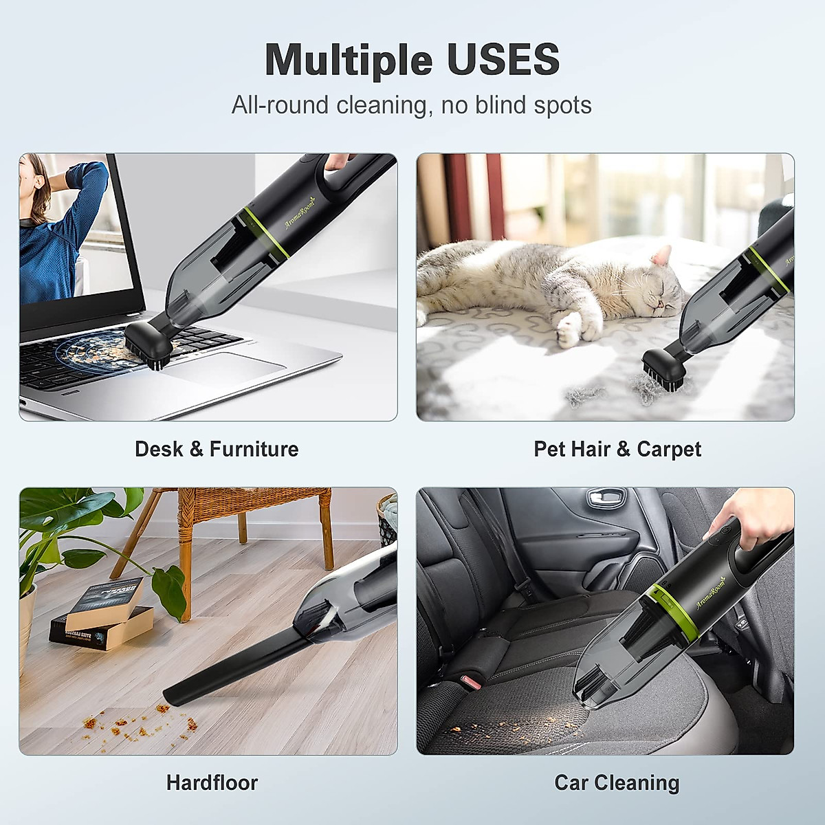 Aroma Room Portable Hand Vacuum Cleaner, Handheld Mini Cordless Cleaner for Dust Pet Hair Dirt Home, Car Interior, Lightweight, Easy to Use, Compact Design Battery Rechargeable with USB-C Cable