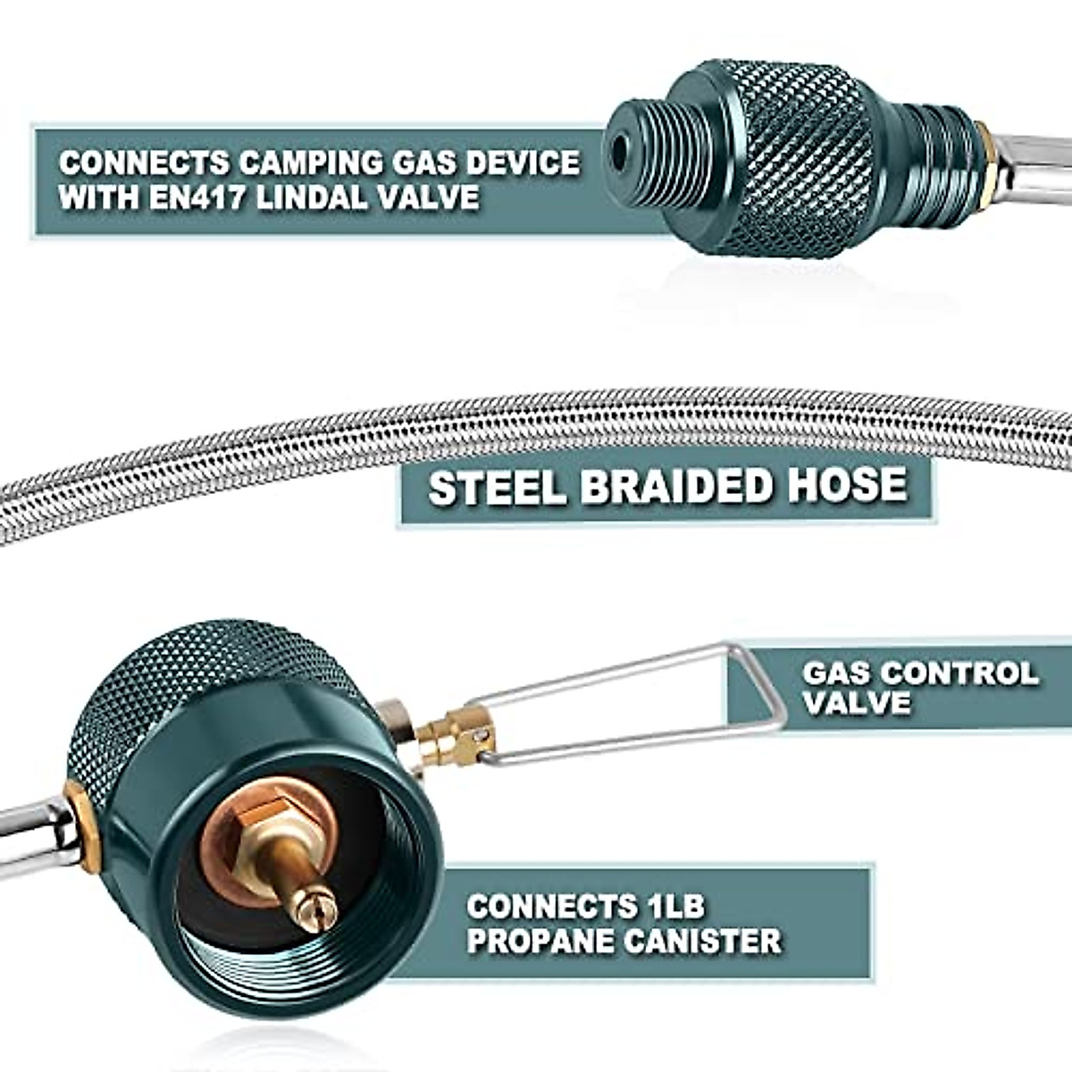 Jeebel Camp 24inch Propane to Butane Adapter Extension Hose 1L Propane Small Tank Input EN417 Lindal Valve Output with Adjustable On/Off Switch