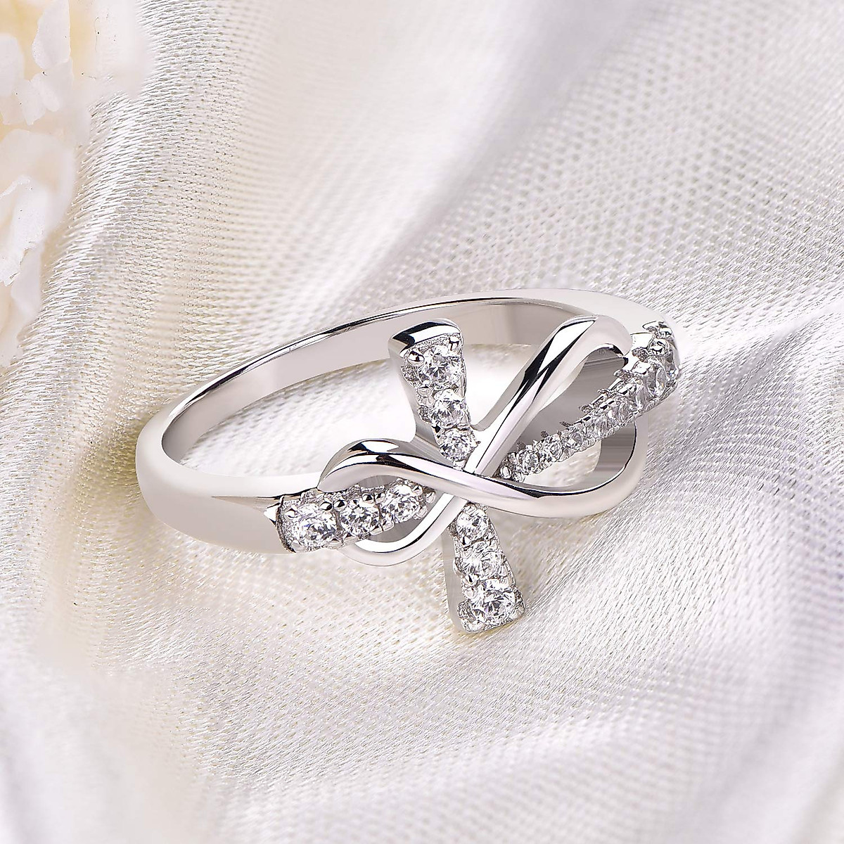 JO WISDOM 925 Sterling Silver Cubic Zirconia Cross Infinity Ring Size 7