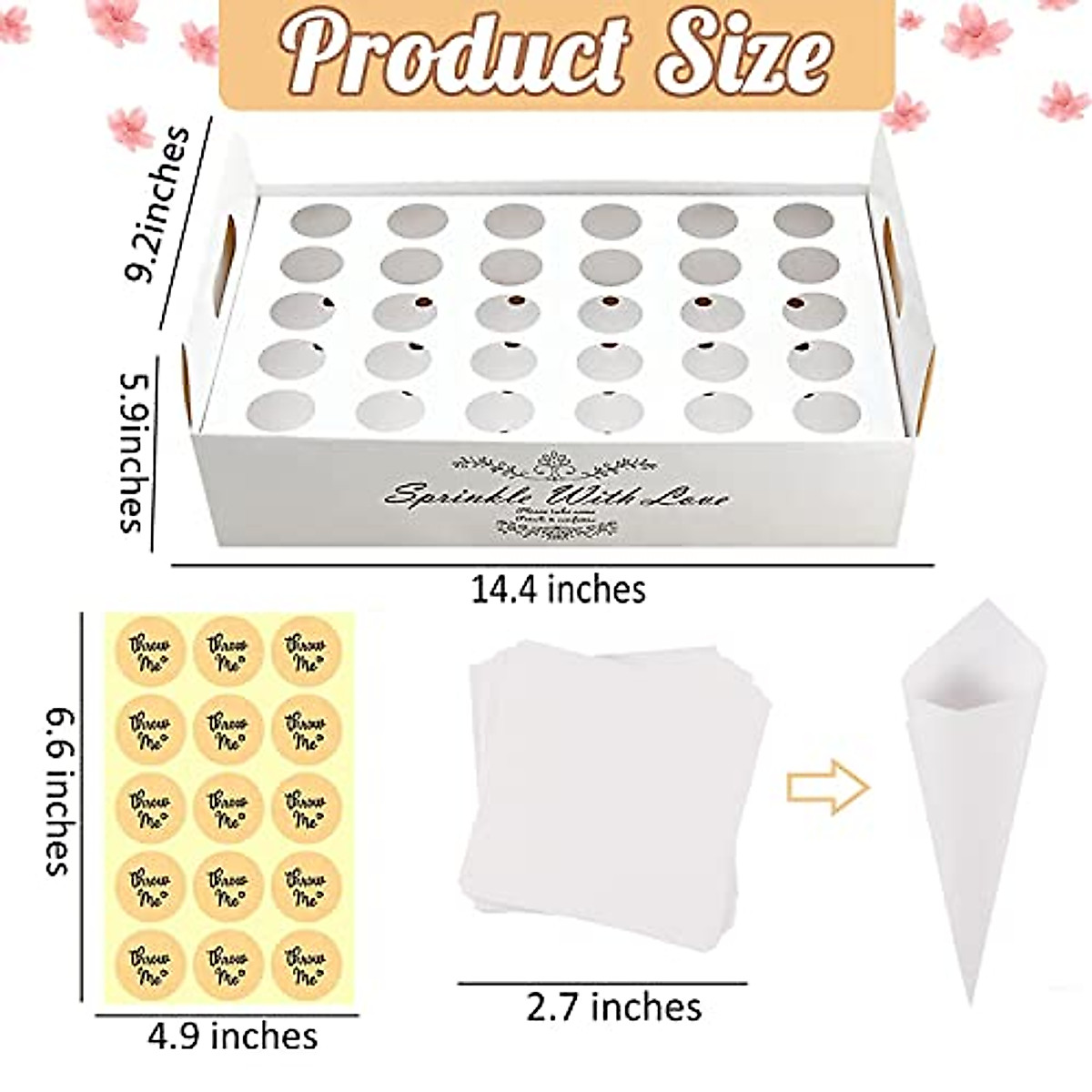 30 Pcs Party Confetti Cone Holder Box Set Stand Tray Box Petals Bouquet Candy Wedding Confetti Cones Confetti Cone Holder Favor Include Ropes, Adhesive Stickers Box and Tray
