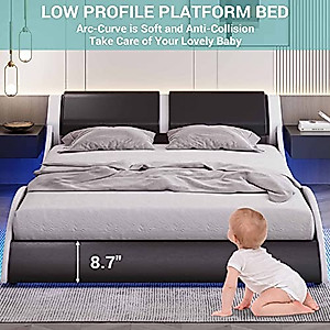 DICTAC Queen LED Bed Frame with Headboard Modern Low Profile Upholstered Platform Bed Frame with LED Lights Queen Size Faux Leather Wave-Like Bed Frame,Strong Wood Slats,Easy Assembly,Black+White