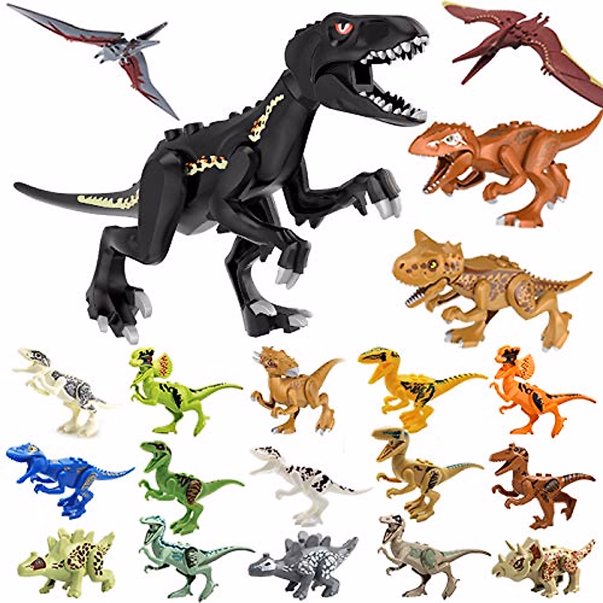 Toysvill Compatible Dinosaurs Mini Figures for Jurassic World Building Blocks Toys (Set of 20 Pieces) with Moving Parts. T Rex, Dragon Sword, Pterodactyl, Tyrannical Dragon, Stygimoloch et al.