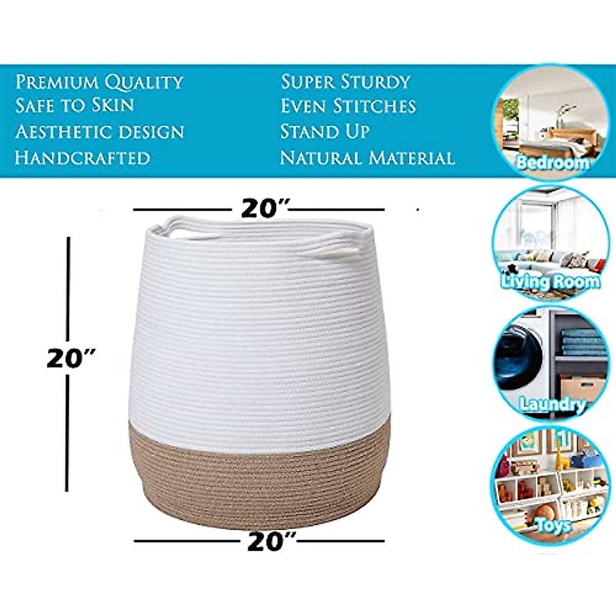 20" x 20" x 20" Extra Large Round Storage Basket, Cotton Rope Storage Baskets, Woven Laundry Hamper, Baby Toy Storage Bin, Toys Clothes Blankets Basket in Living Room, Baby Nursery, White/Jute Bottom