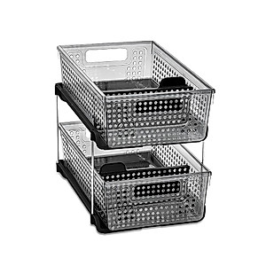 madesmart 2-Tier Plastic Multipurpose Organizer with Divided Slide-Out Storage Bins, Compact Under Sink and Cabinet Organizer Rack, Smoke