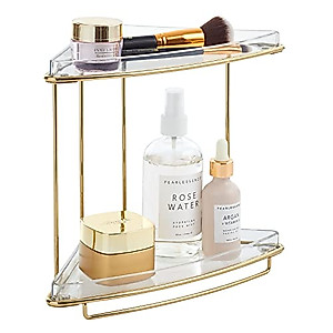 mDesign Steel/Plastic Freestanding Countertop Corner Shelf Organizer with 2-Tier Storage for Bathroom, Vanity, Cabinet, Counter - Holds Makeup, Bath Gel - Prism Collection - 2 Pack - Clear/Soft Brass